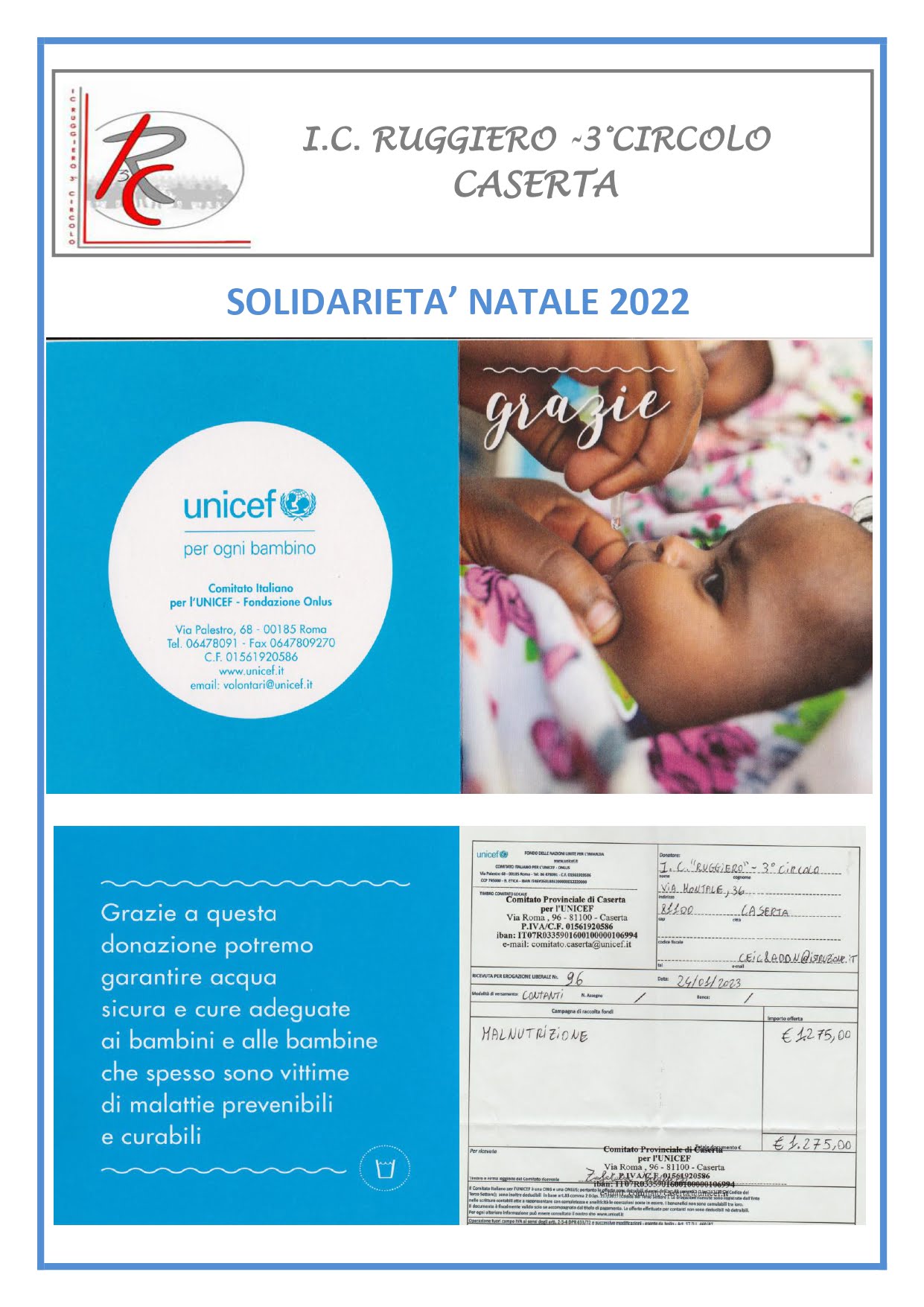 Donazione UNICEF – Natale 2022 – IC Ruggiero terzo circolo